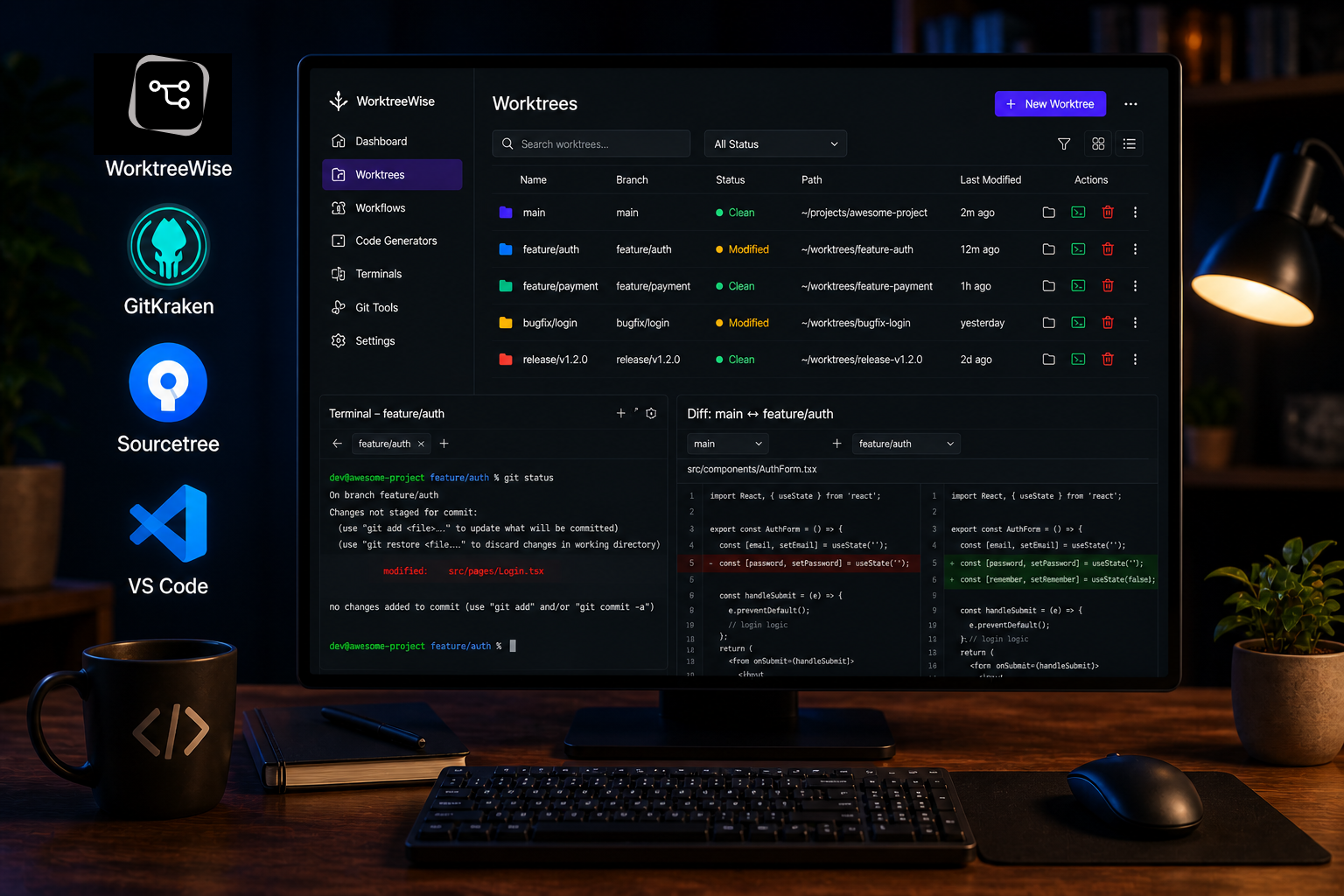 WorktreeWise | Powerful Git Worktrees Manager & GUI